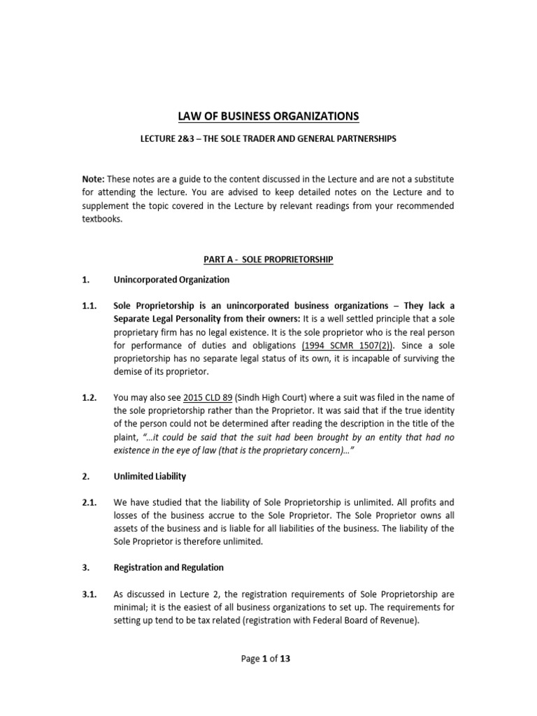 Business Law: Lecture 2&3 - Sole Proprietor & General Partnerships ...