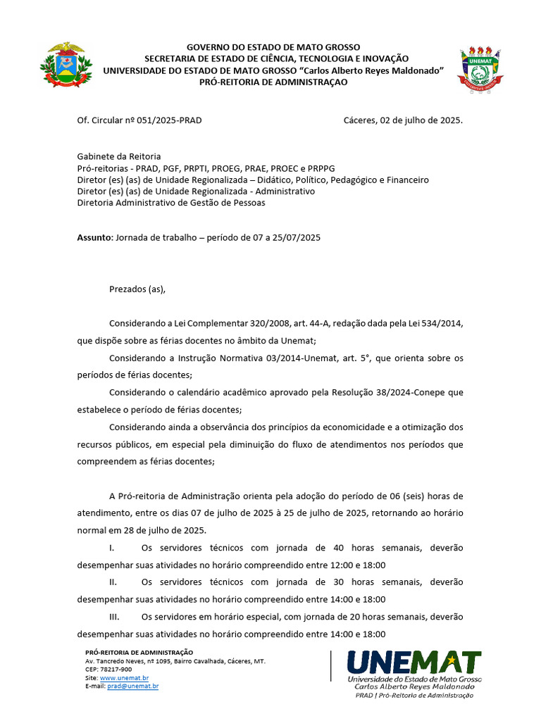 Ofício Circular 051-2025 - 06 Horas - Férias em Julho | PDF