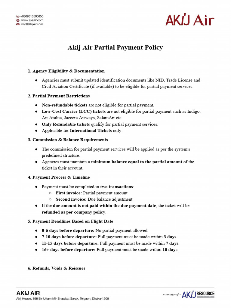Partial Payment Policy of Akij Air | PDF