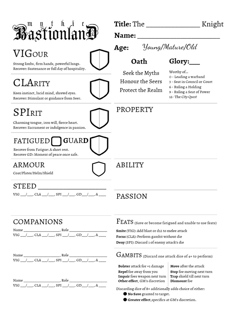New Mythic Bastionland Character Sheet | PDF