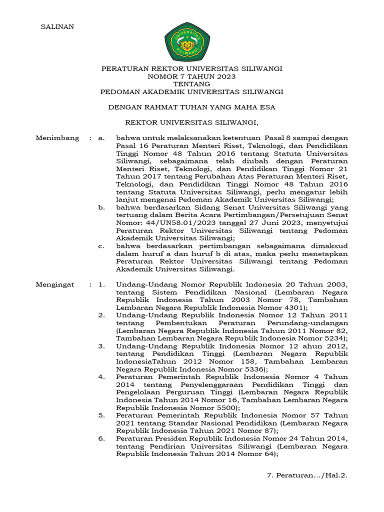 Peraturan Rektor Tentang Pedoman Akademik Tahun 2023 | PDF
