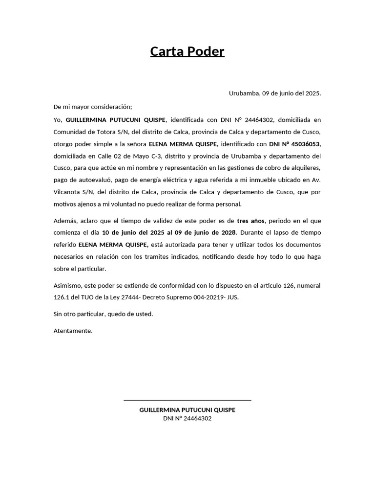 Carta Poder Guillermina Putucuni Quispe | PDF