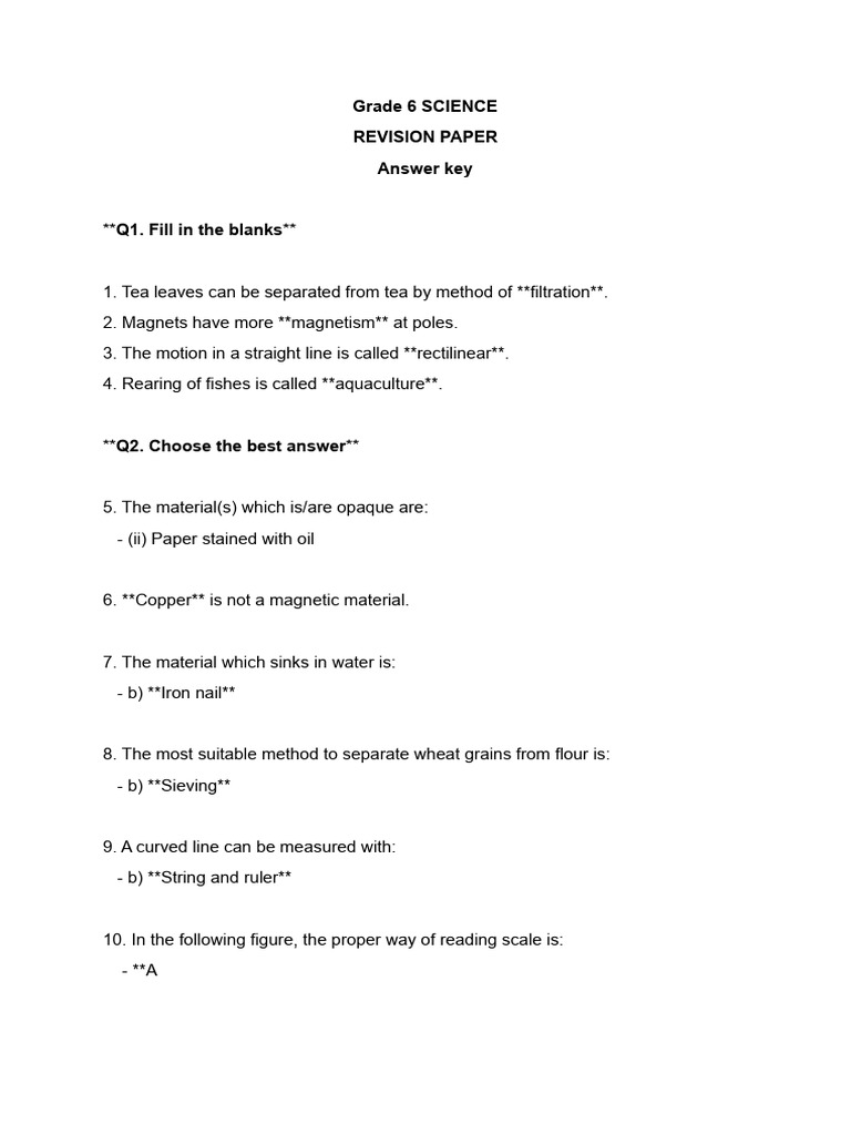 6th Answerkey Sample Paper | PDF | Water | Honey