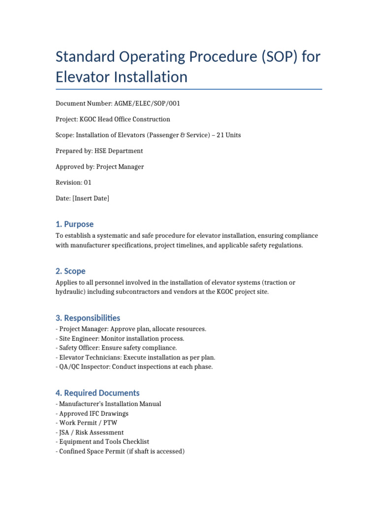 SOP Elevator Installation KGOC | PDF | Elevator | Safety