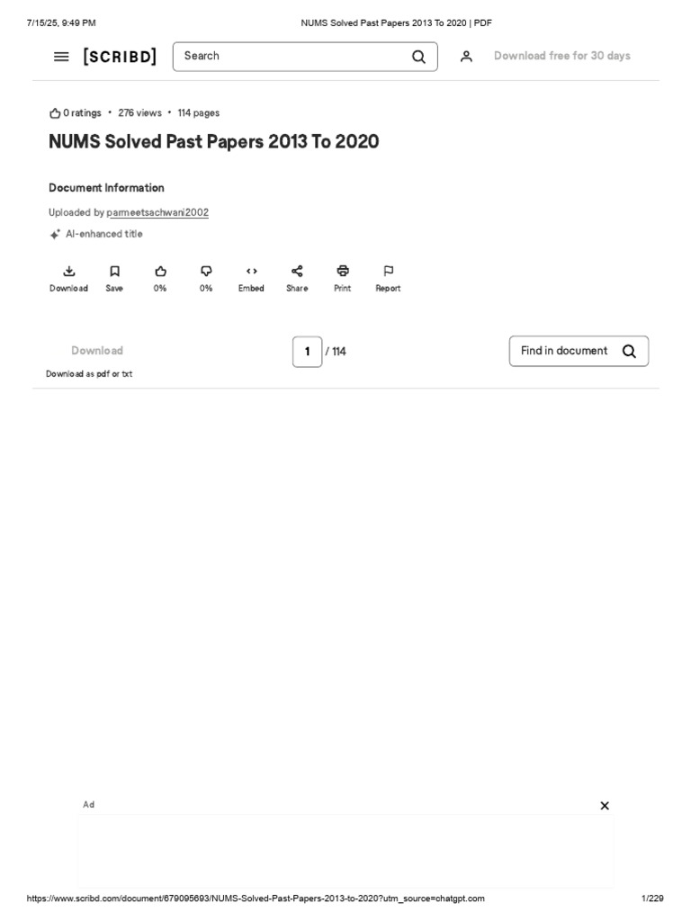 NUMS Solved Past Papers 2013 To 2020 - PDF | PDF | Printing | Computer ...