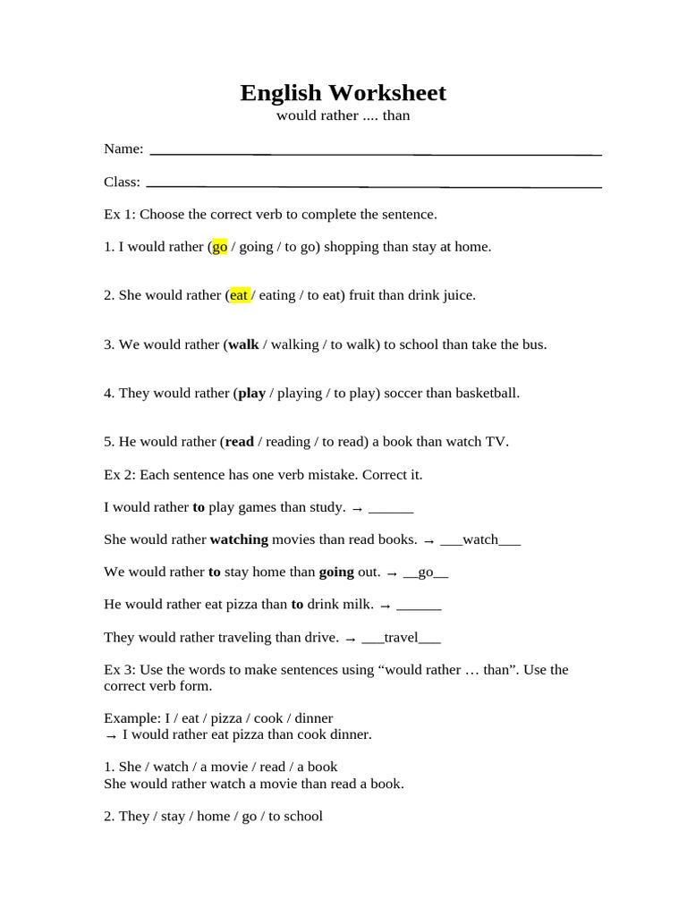 English Worksheet Would Rather - Than | PDF
