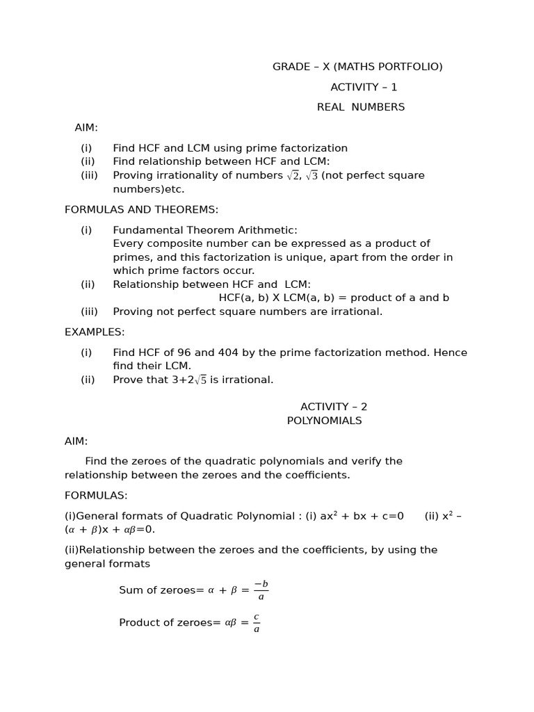 Grade - X Maths Portfolio (25-26) | PDF | Factorization | Polynomial