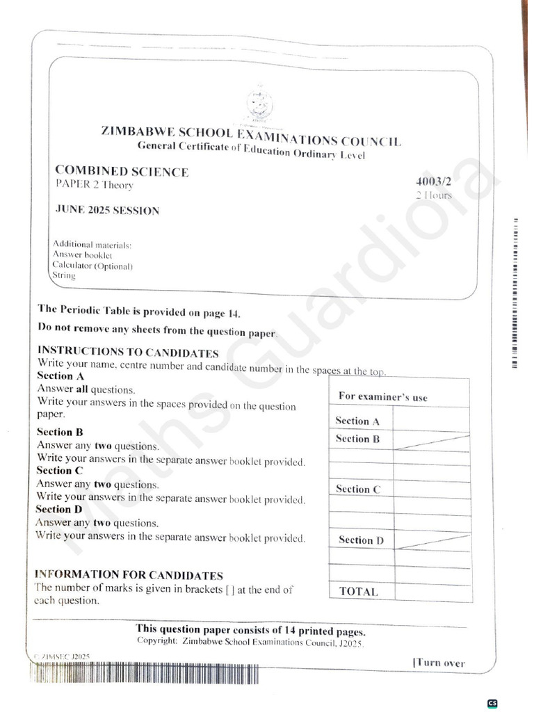 ZIMSEC Combined Science Paper 2 June 2025 | PDF