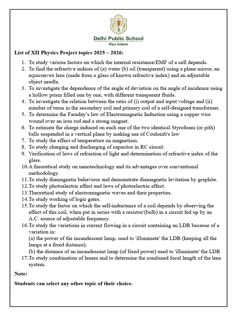 List of XII Physics Project Topics 2025 | PDF