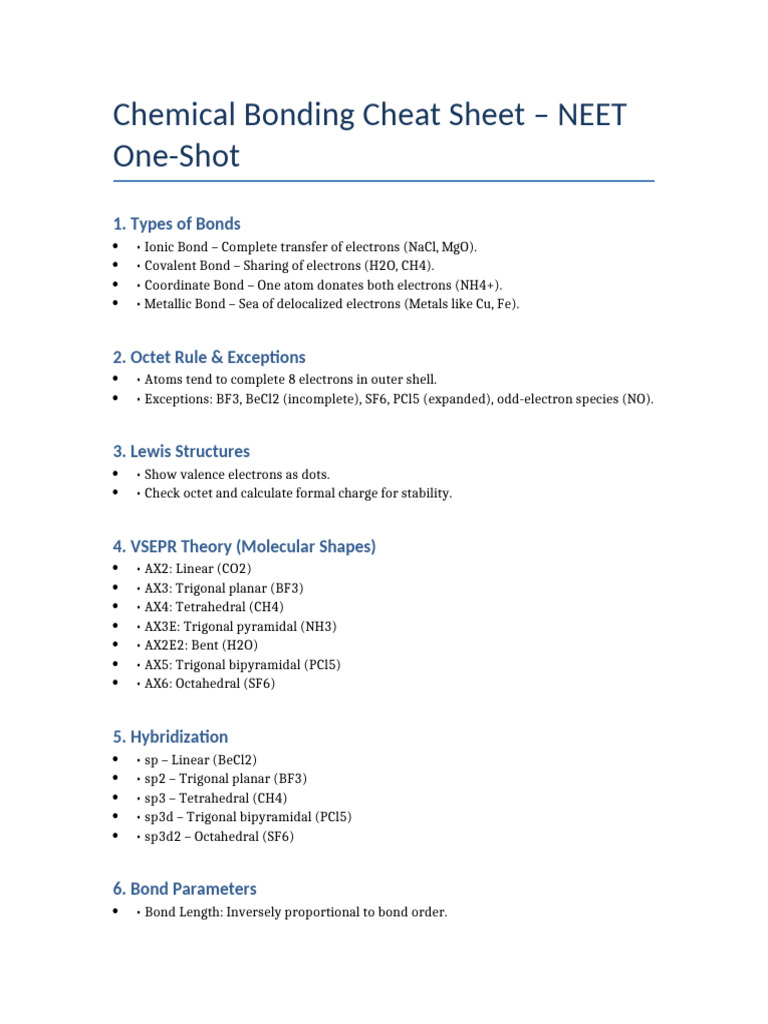 Chemical Bonding CheatSheet NEET | PDF
