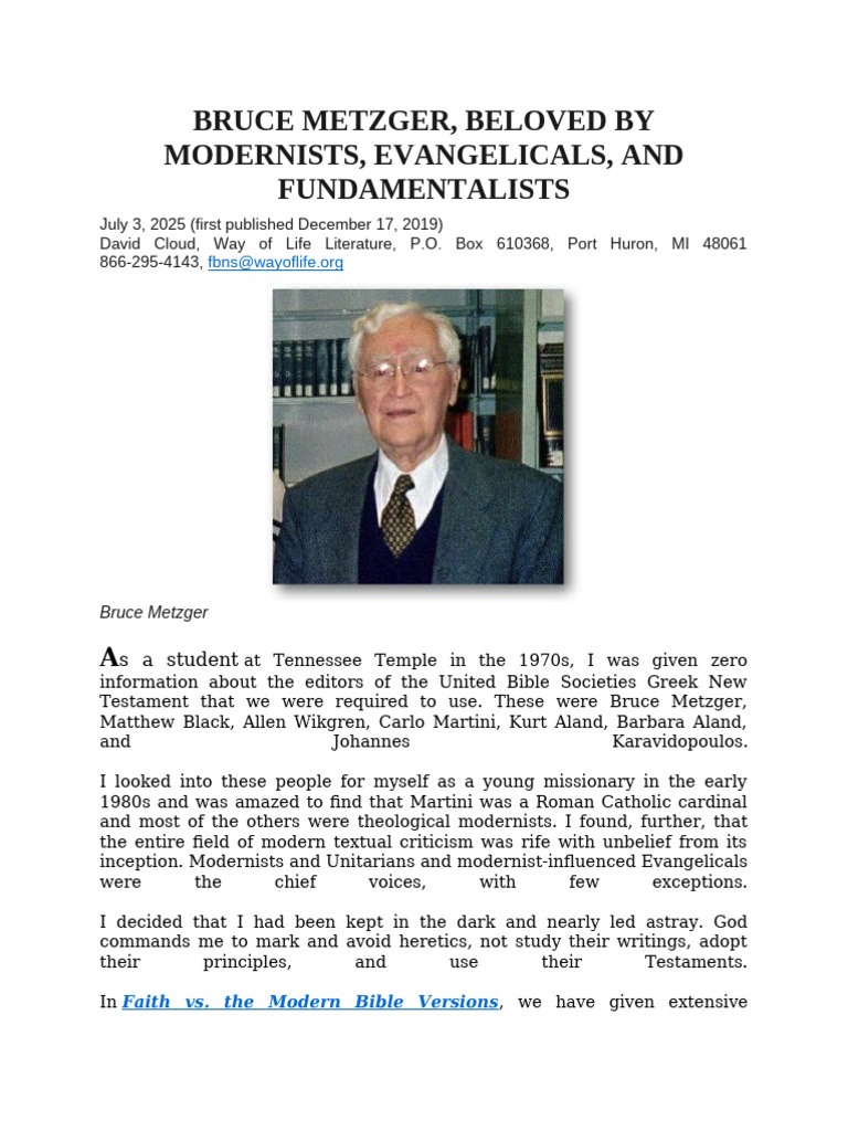 Bruce Metzger: A Controversial Scholar | PDF | Bible | Gospels