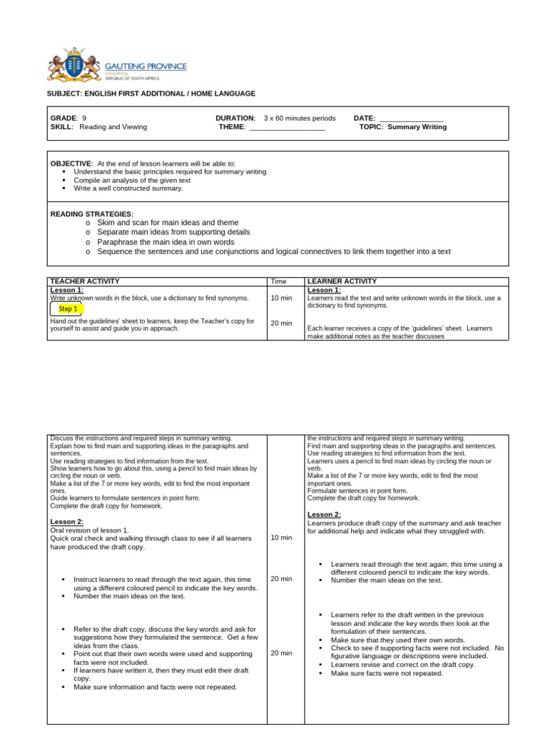 GR 9 ENG - Summary Writing - Lesson Plan | PDF | Cognitive Science ...