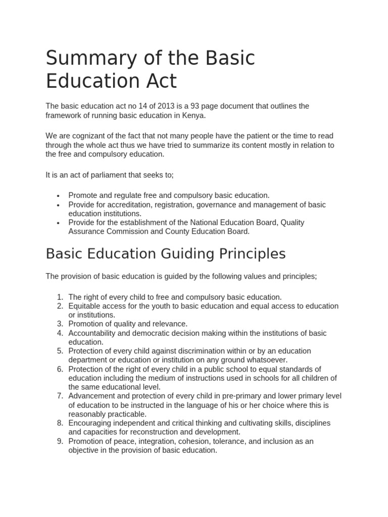 Summary of the Basic Education Act 2013 | PDF | Special Education ...
