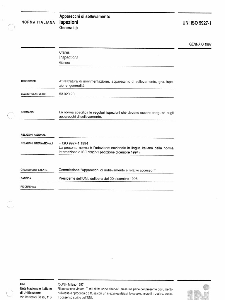 UNI ISO 9927 Apparecchi Di Sollevamento Ispezioni Generalita | PDF