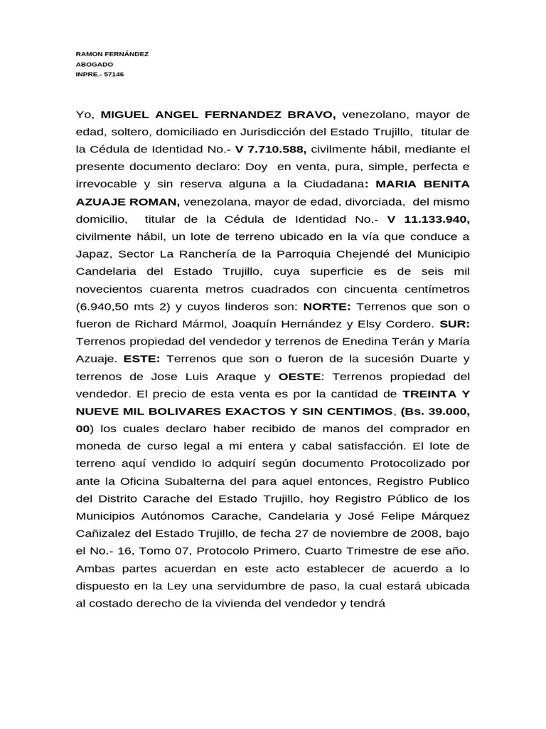 Compra Venta Terreno Miguel - Maria Azuaje | PDF
