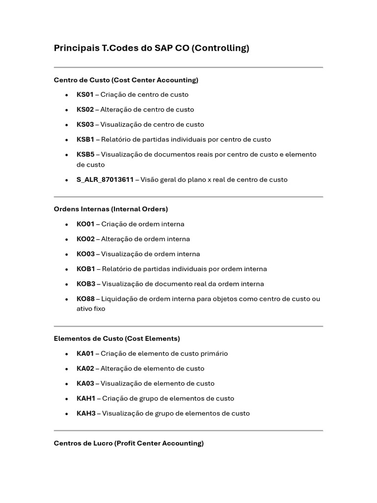 T.Codes Essenciais do SAP CO | PDF | Orçamento