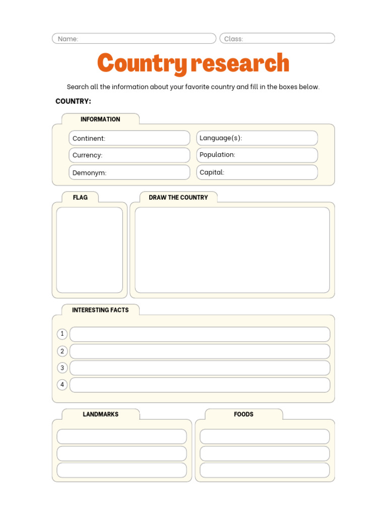 Country Research Worksheet in Orange White Simple Style | PDF