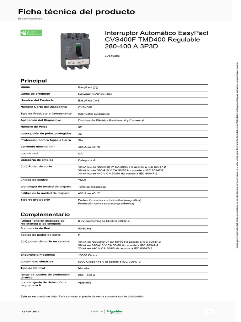 Schneider Electric EasyPact-CVS LV540306 | PDF | Electricidad ...