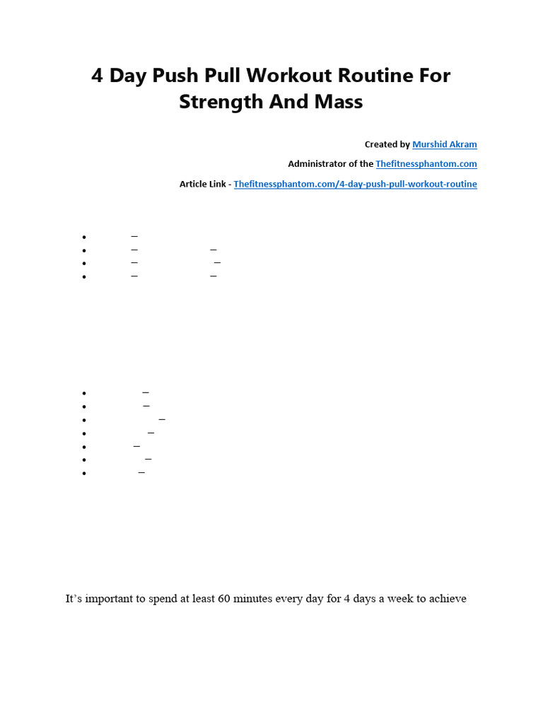 4 Day Push Pull Workout Routine | PDF | Strength Training | Physical ...