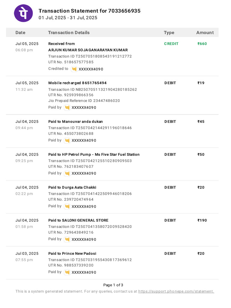 PhonePe Statement Jul2025 Jul2025 | PDF | Debit Card | Banking