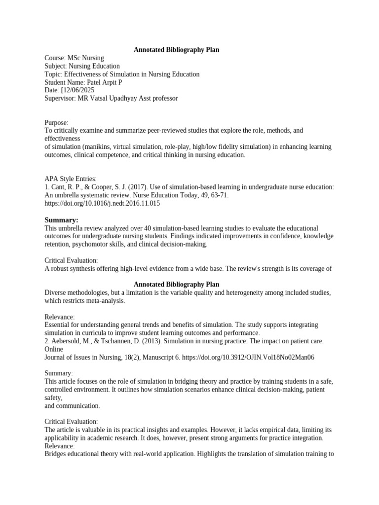 Annotated Bibliography Plan | PDF | Simulation | Critical Thinking