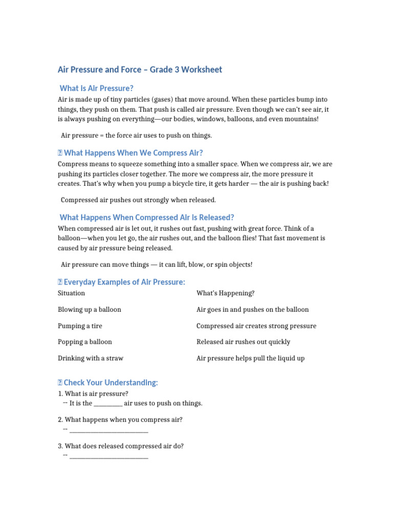 Air Pressure Grade3 Worksheet | PDF