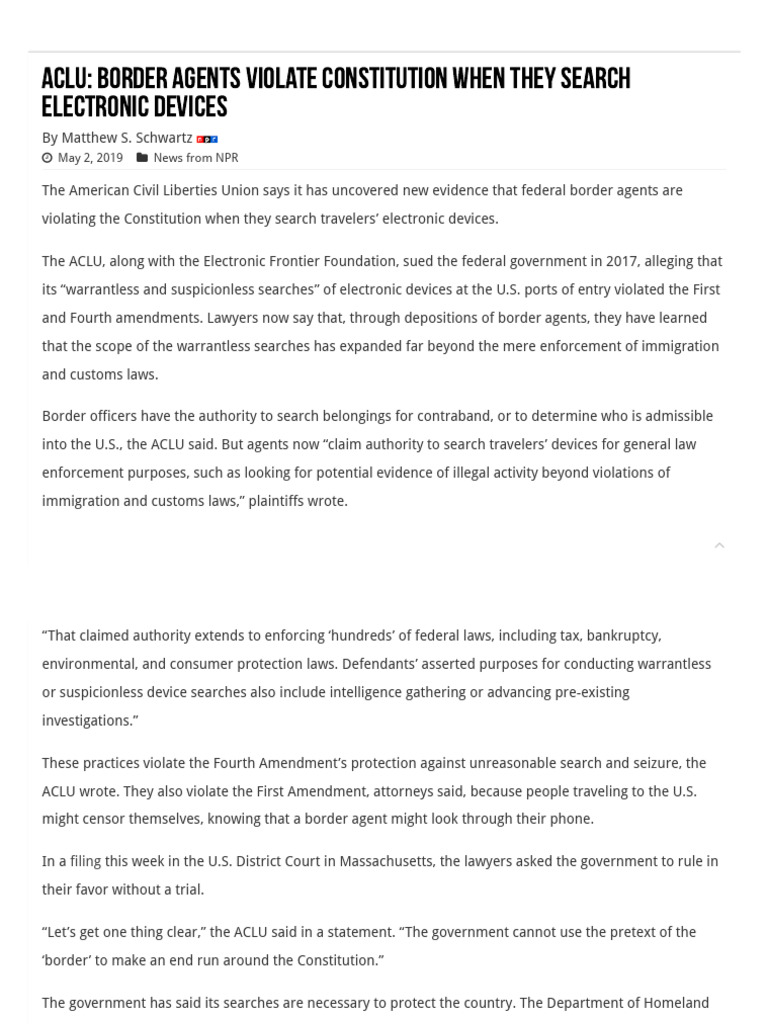 ACLU Border Agents Violate Constitution When They Search Electronic ...