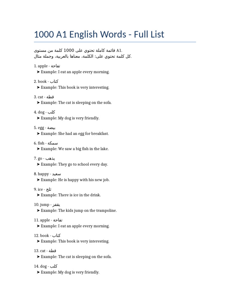 A1 English Vocabulary: 1000 Words List | PDF | Animals And Humans