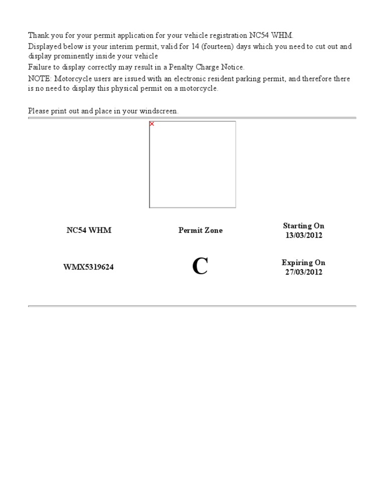 Interim Vehicle Registration Permit NC54 WHM | PDF