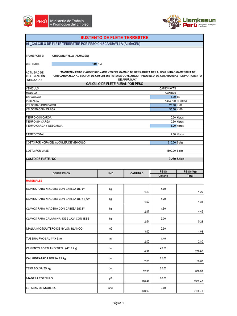 Cálculo de Flete Terrestre Chiscahuaylla | PDF | Unión | Materiales de ...