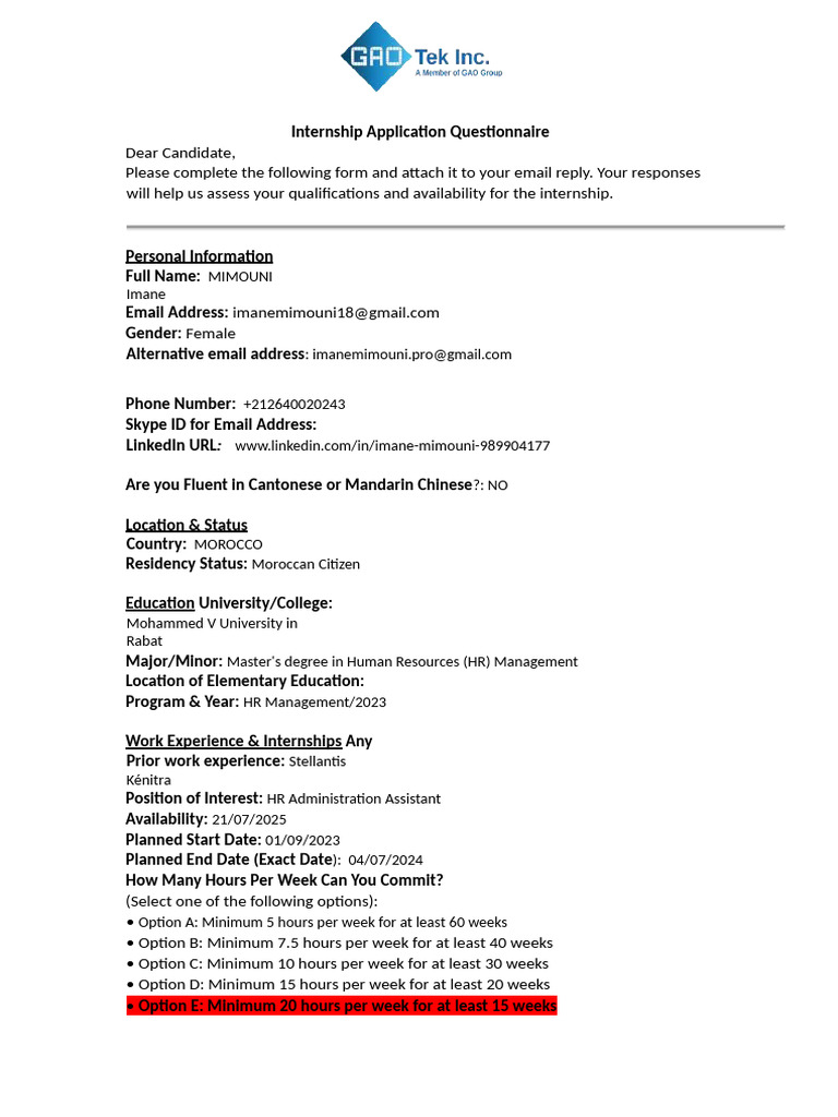 Internship Questionnaire - GAOTek Inc. | PDF