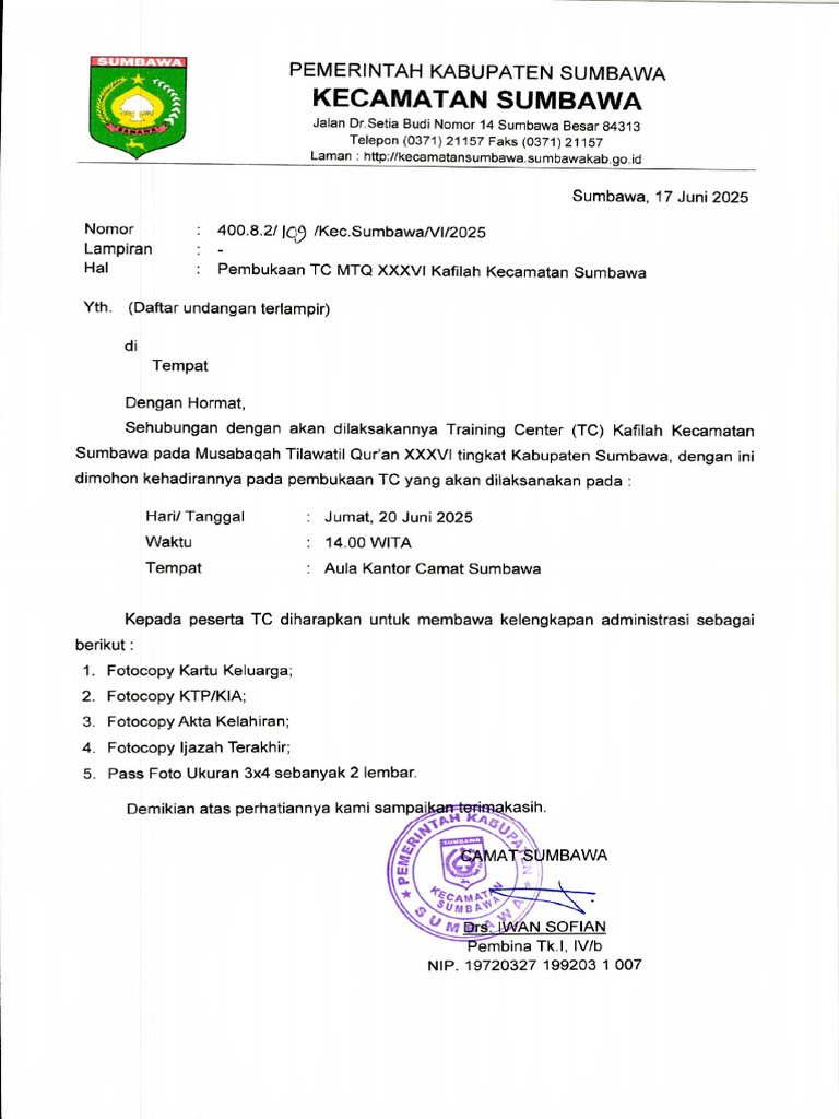 Undangan Pembukaan TC KC SBW 2025 | PDF