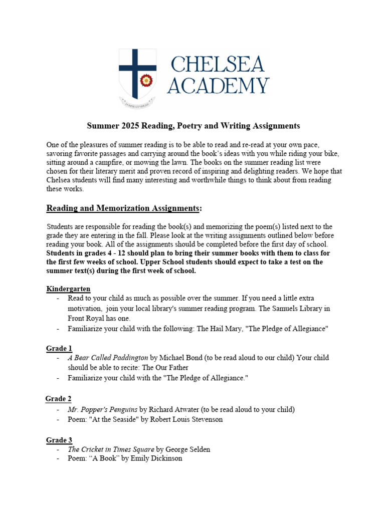 Summer 2025 Reading Assignments Guide | PDF | Books