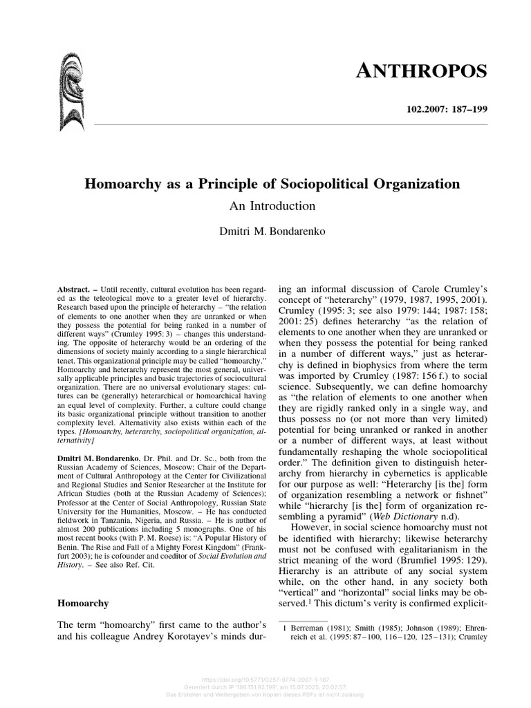 Homoarchy As A Principle of Sociopolitical Organization | PDF