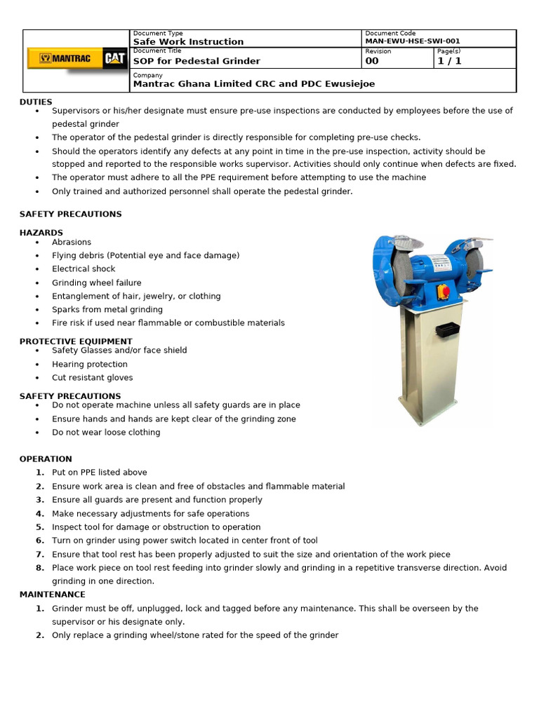 Pedestal Grinder Safety SOP | PDF | Personal Protective Equipment | Safety