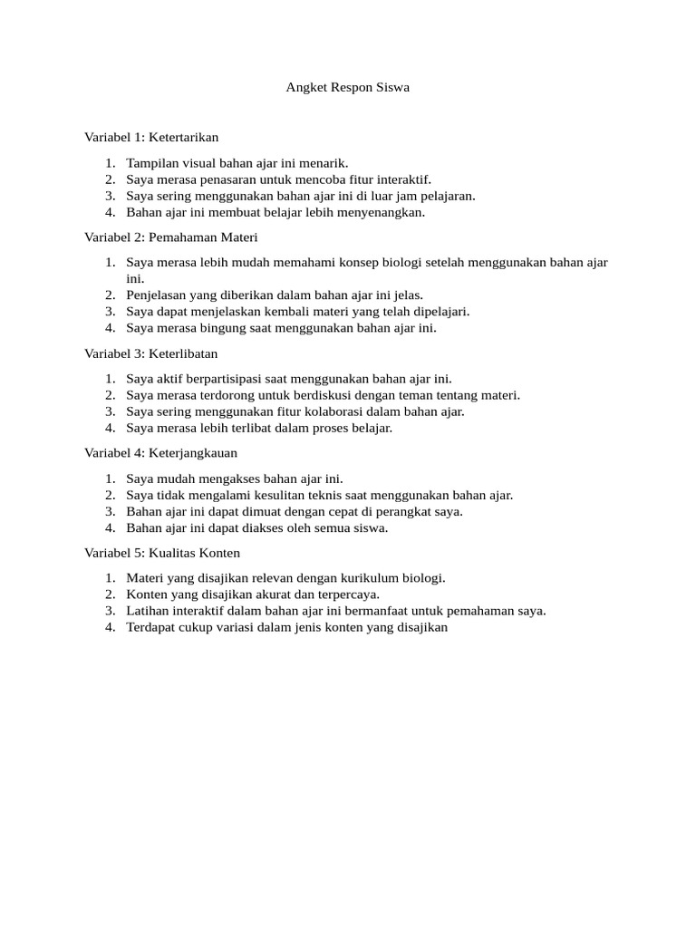 Contoh Angket Respon Siswa | PDF