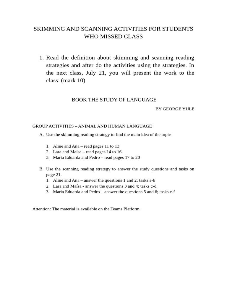 Skimming and Scanning Activities For Students Who Missed Class | PDF