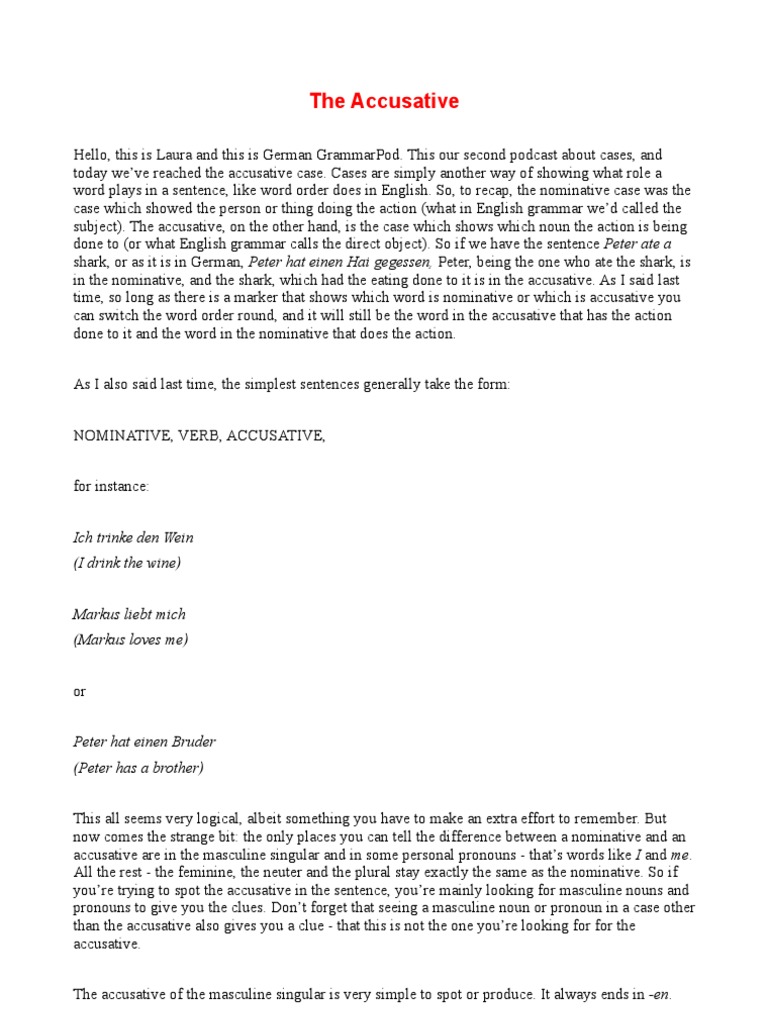 Accusative Pod PDF | PDF | Grammatical Gender | Preposition And Postposition