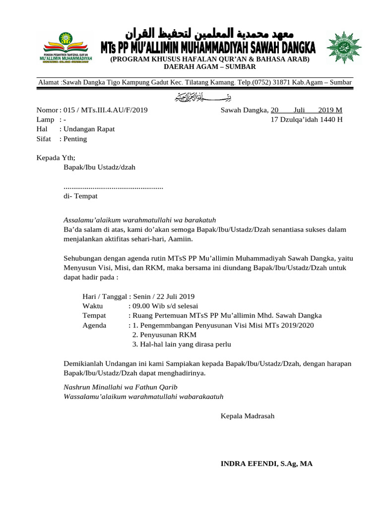 Undangan Rapat Penyusunan Visi Misi Dan RKM MTS | PDF