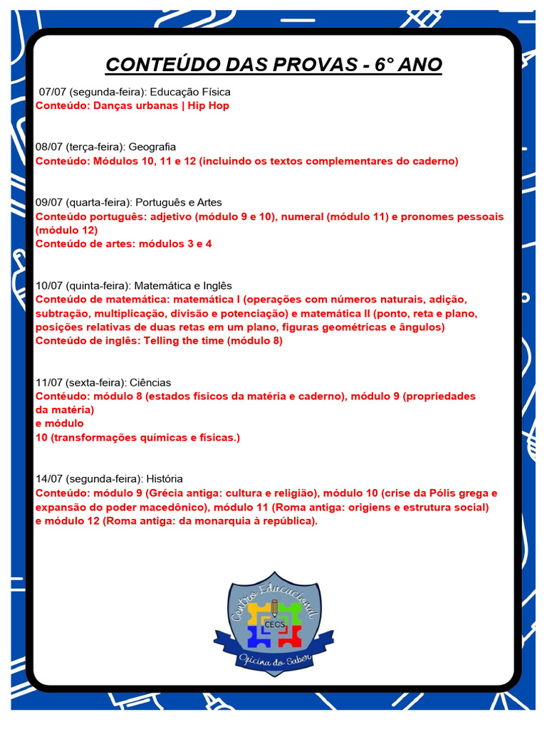 Conteúdo Das Provas 6 Ano | PDF