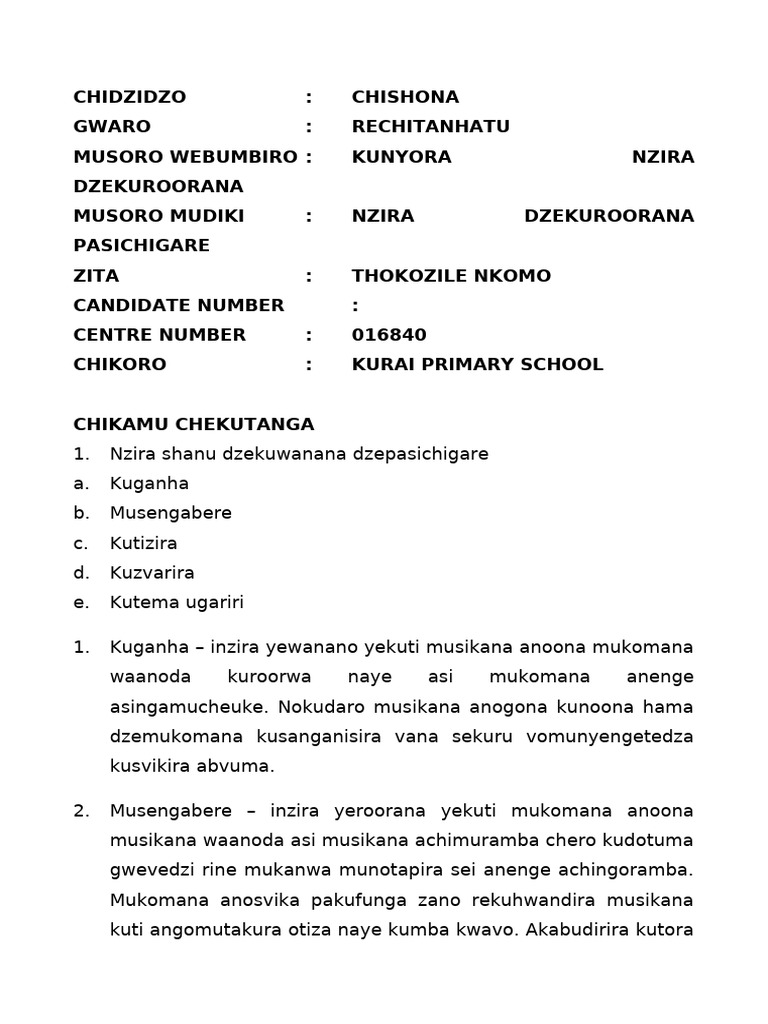 Cala Thokozile Nkomo Shona | PDF