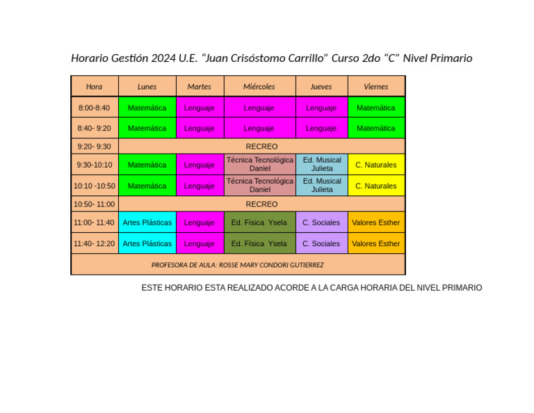 Horario 2024 Primaria 2do “C” U.E. Carrillo | PDF