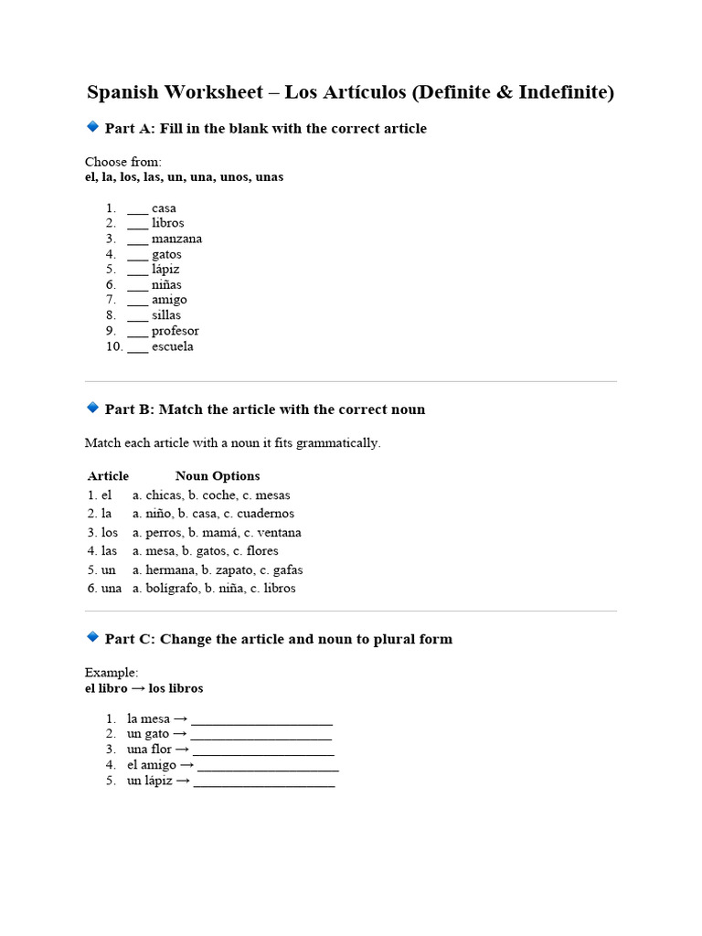 Spanish Worksheet - Los Artículos (Definite & Indefinite) | PDF