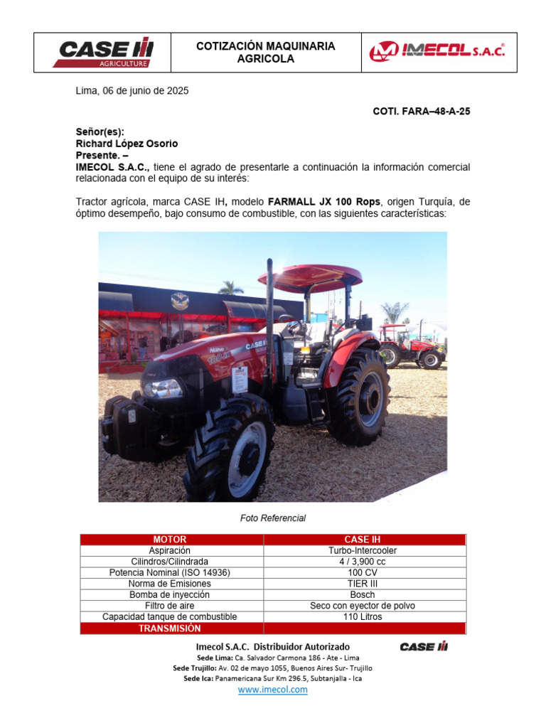 Cotización Tractor CASE IH FARMALL JX 100 | PDF | Coche | Vehículos