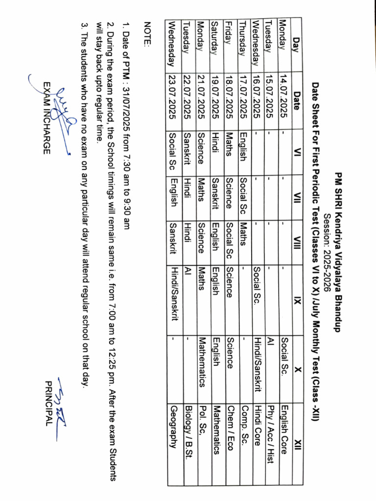 KVB Date Sheet PT 1 (Vi To X) and July Monthly Test (Class XII) 2025-26 ...