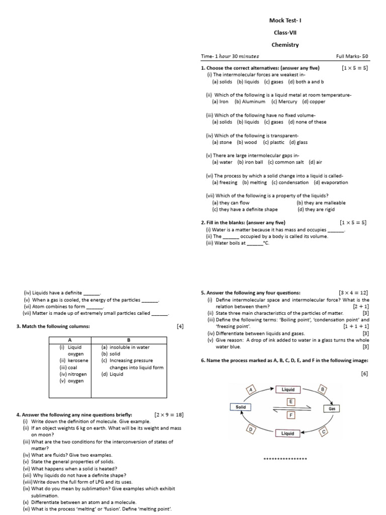 Class VII Chemistry Mock Test | PDF | Liquids | Gases