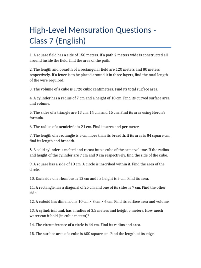 Mensuration Questions Class 7 English | PDF