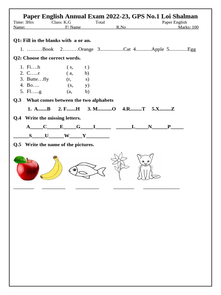 K.G English Exam Paper 2022-23 | PDF