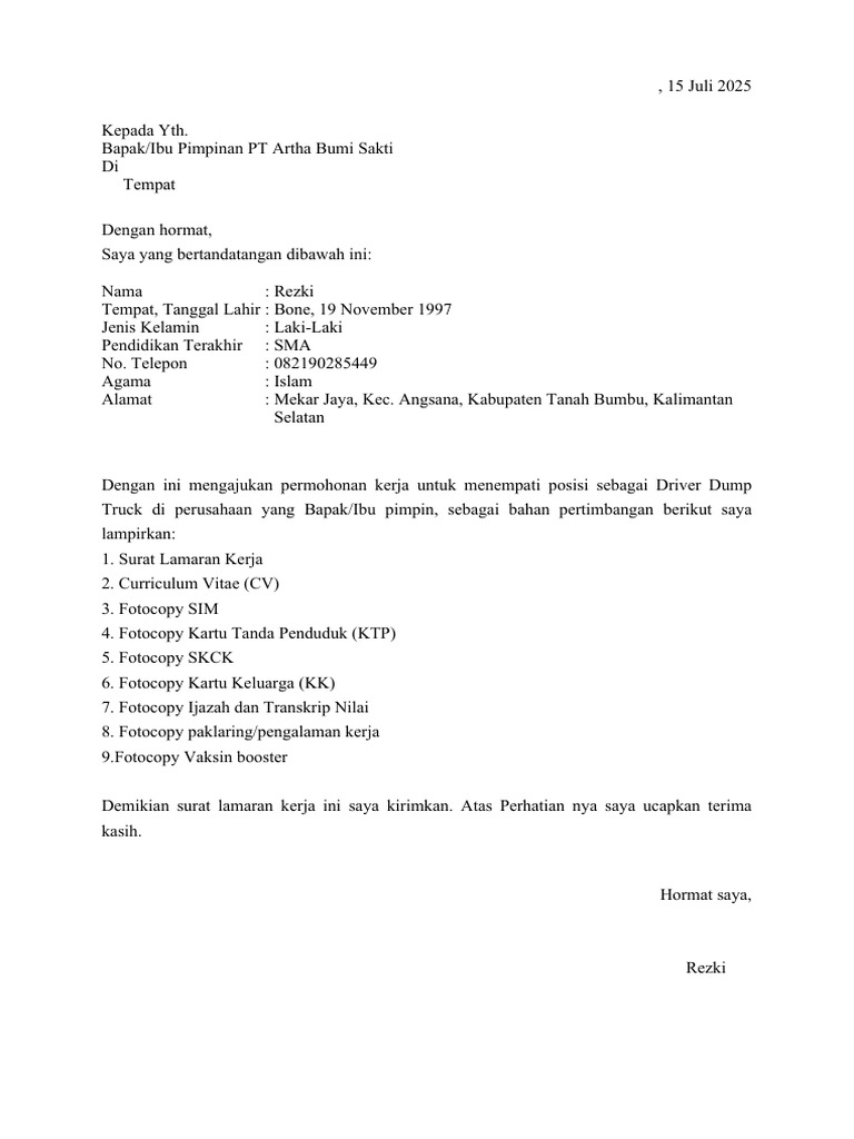 surat lamaran PT Abs | PDF