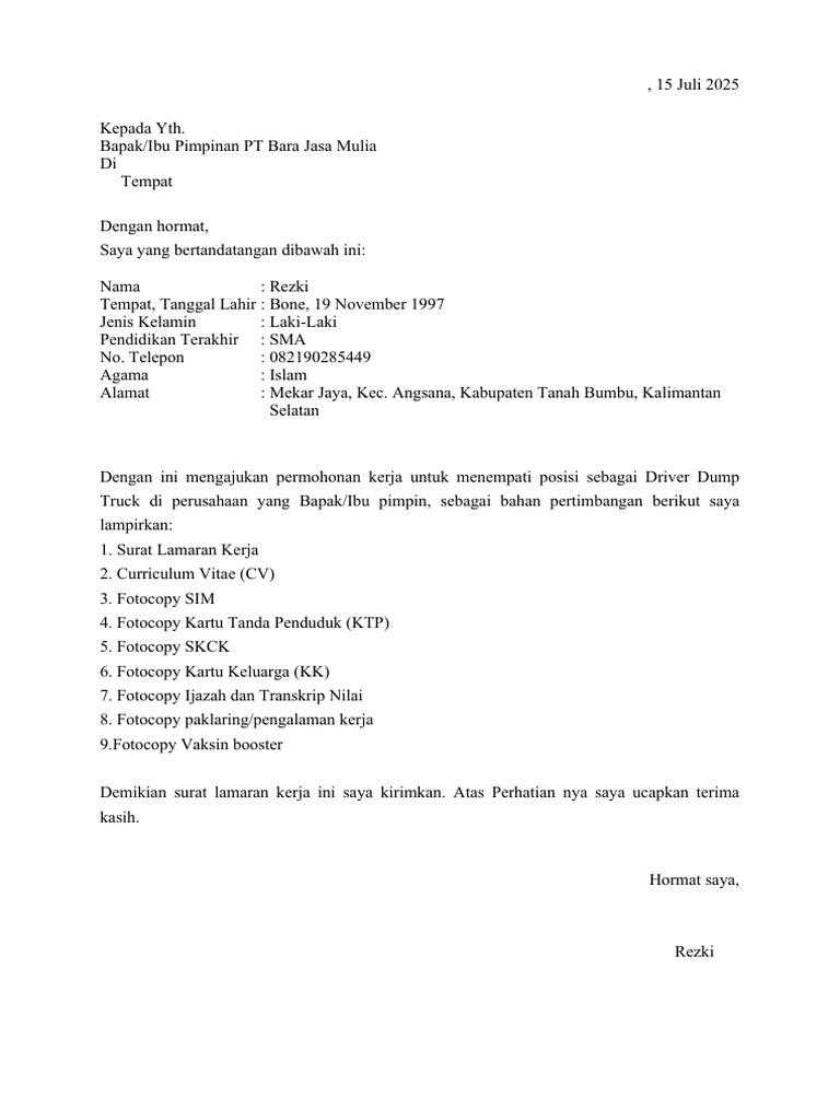 Lamaran Kerja Driver Dump Truck Rezki | PDF